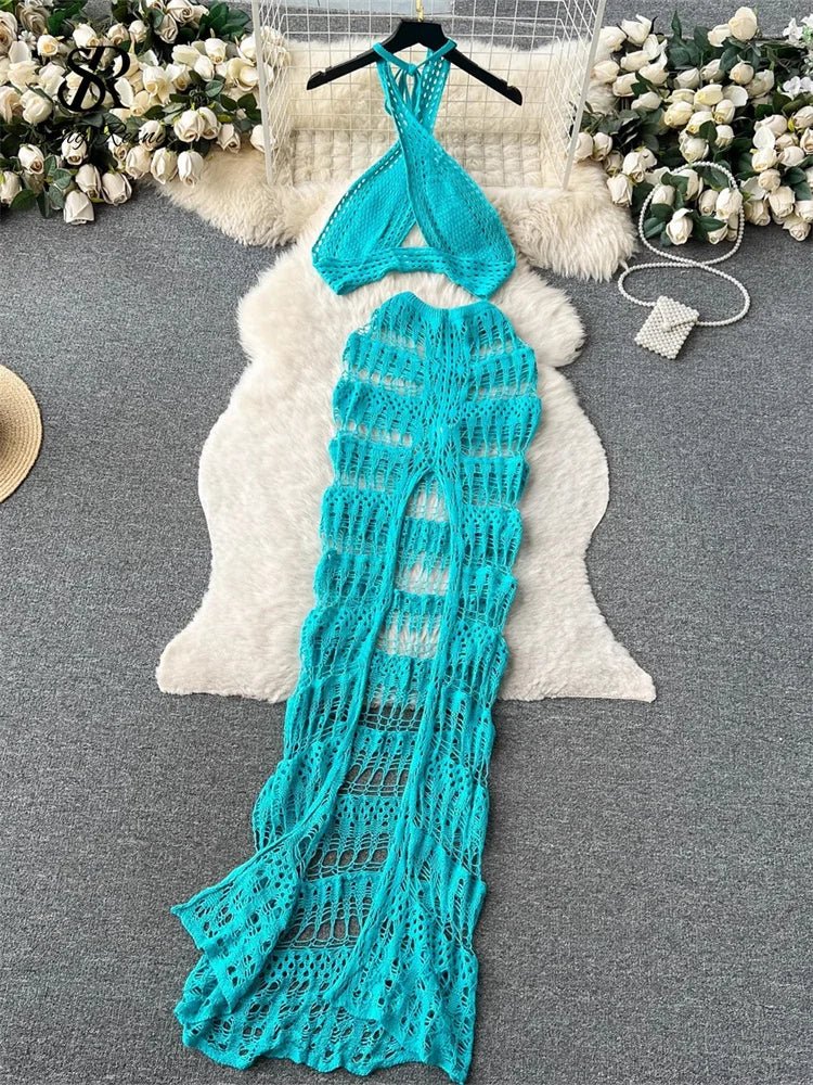 Hollow Out Female Beach Suits Fashion Cross Halter Camis+Split Long Sk ...