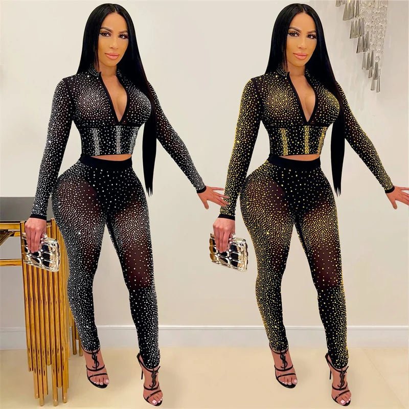 Sexy Mesh See Through Diamonds Two Piece Sets Women Outfit Rave Festiv ...
