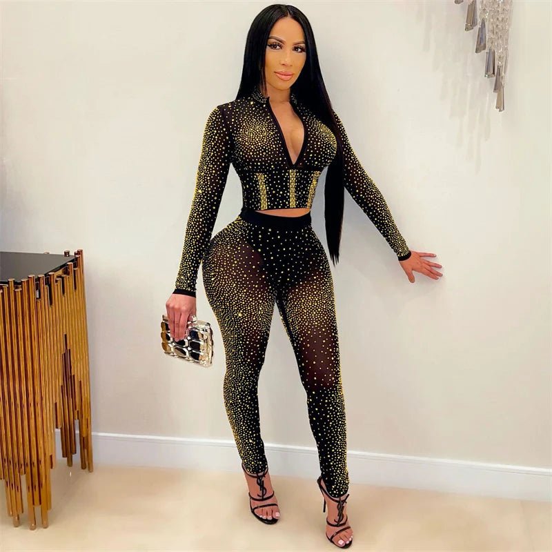 Sexy Mesh See Through Diamonds Two Piece Sets Women Outfit Rave Festiv ...